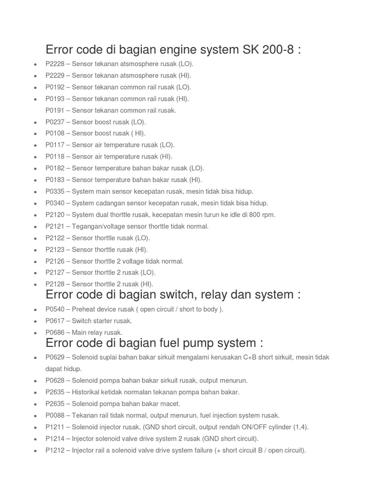 Error Code Di Bagian Engine System SK 200 | PDF | Throttle | Fuel Injection