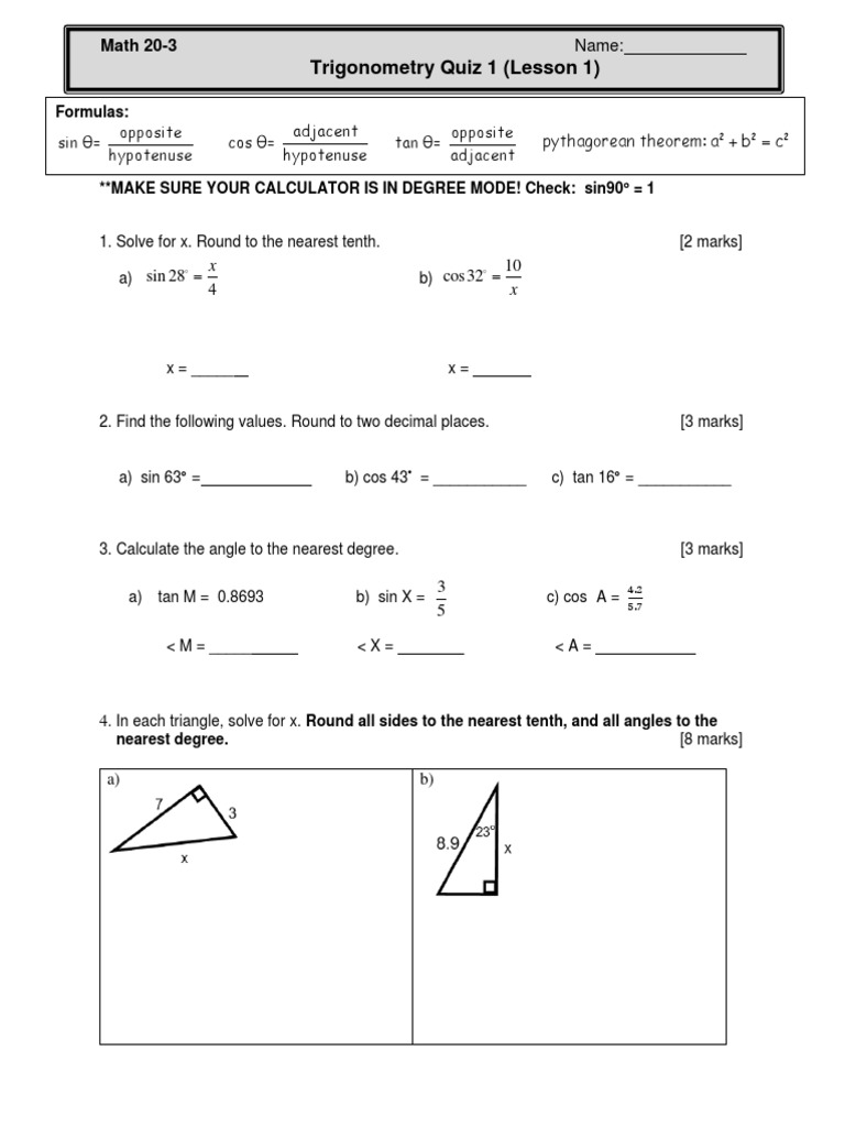 Trigonometry Quiz: Solve for Angles and Sides | PDF