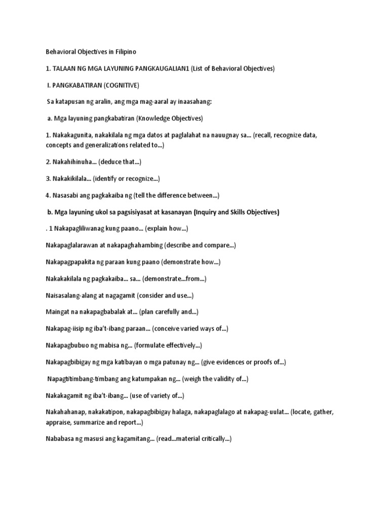 Behavioral Objectives in Filipino | PDF