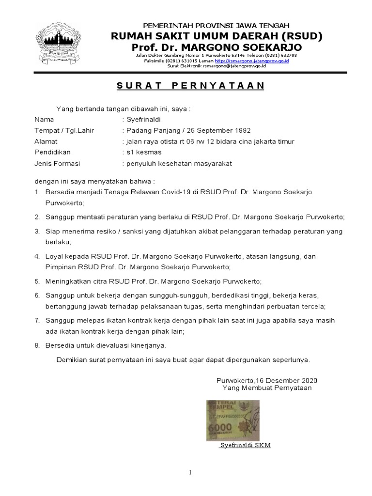Contoh Surat Pernyataan Rekruitment Relawan Covid 19 Rsud Margono ...