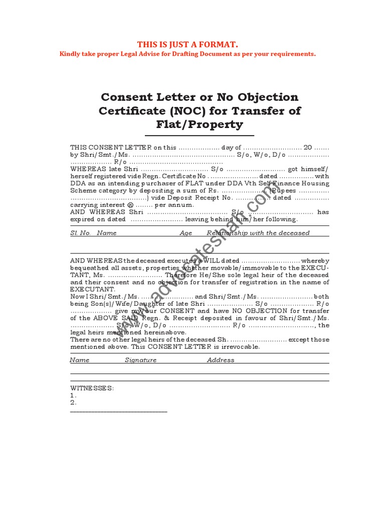 Consent Letter Template for Transferring Ownership of a Flat Between ...