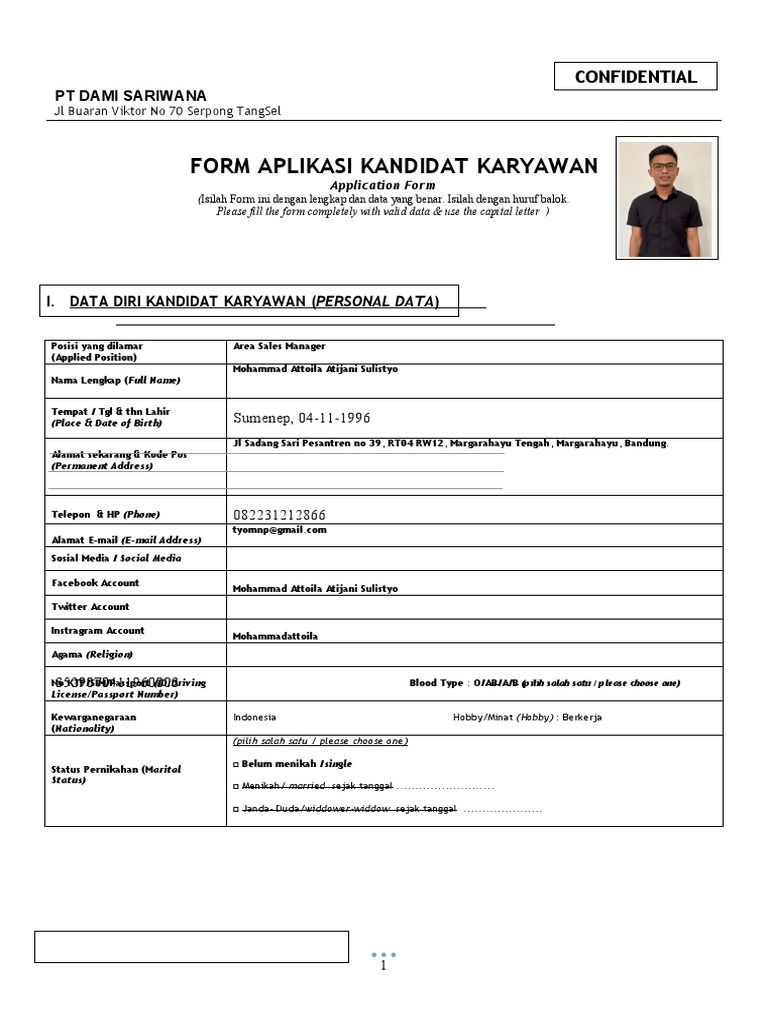 PT Dami Sariwana Form Aplikasi Kandidat Karyawan | PDF