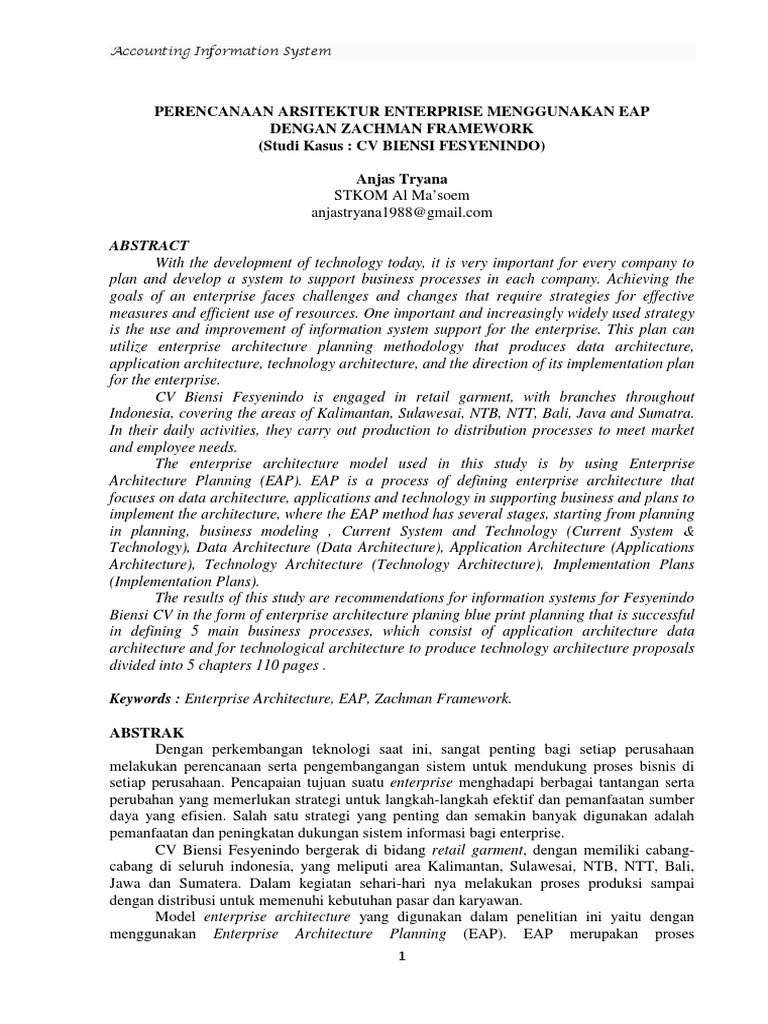 Perencanaan Arsitektur Enterprise Menggunakan Eap Dengan Zachman Framework (Studi Kasus: CV ...