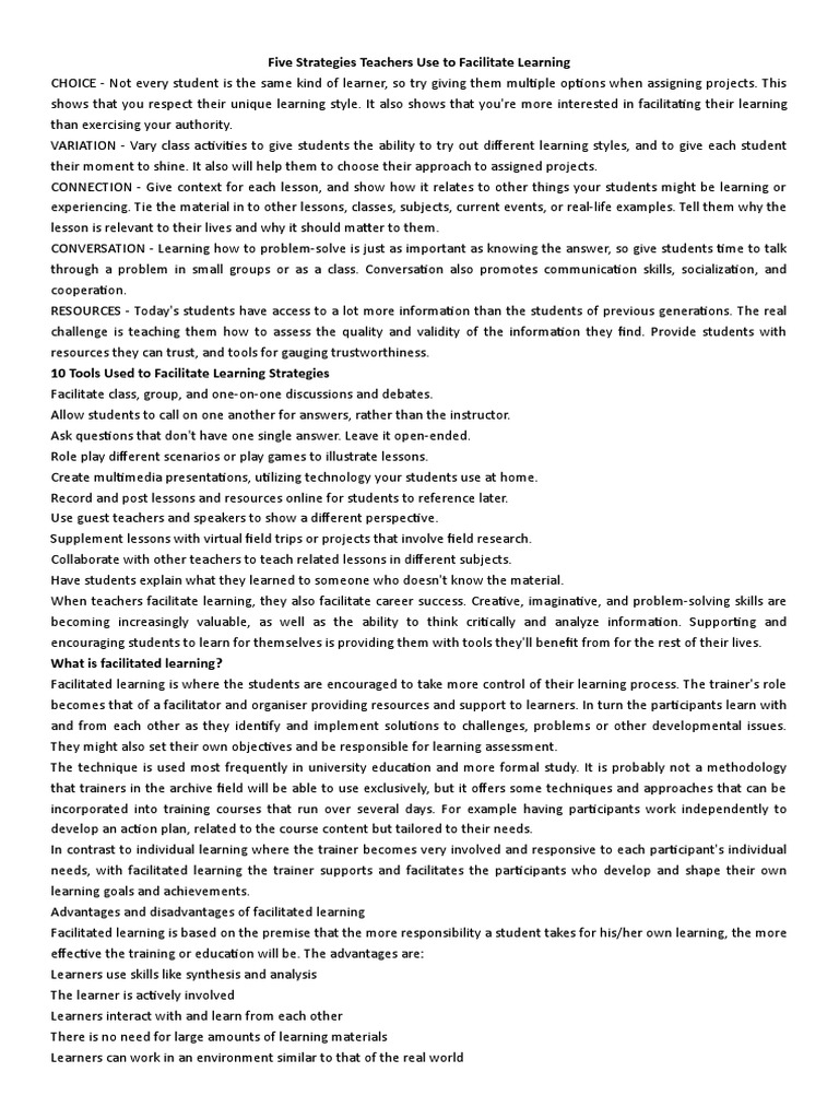 Five Strategies Teachers Use To Facilitate Learnin | PDF ...