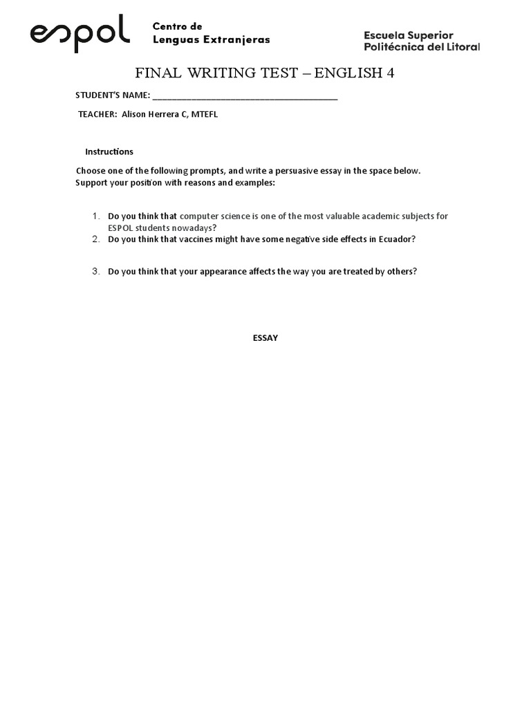 Final Writing Test - English 4: Instructions | PDF