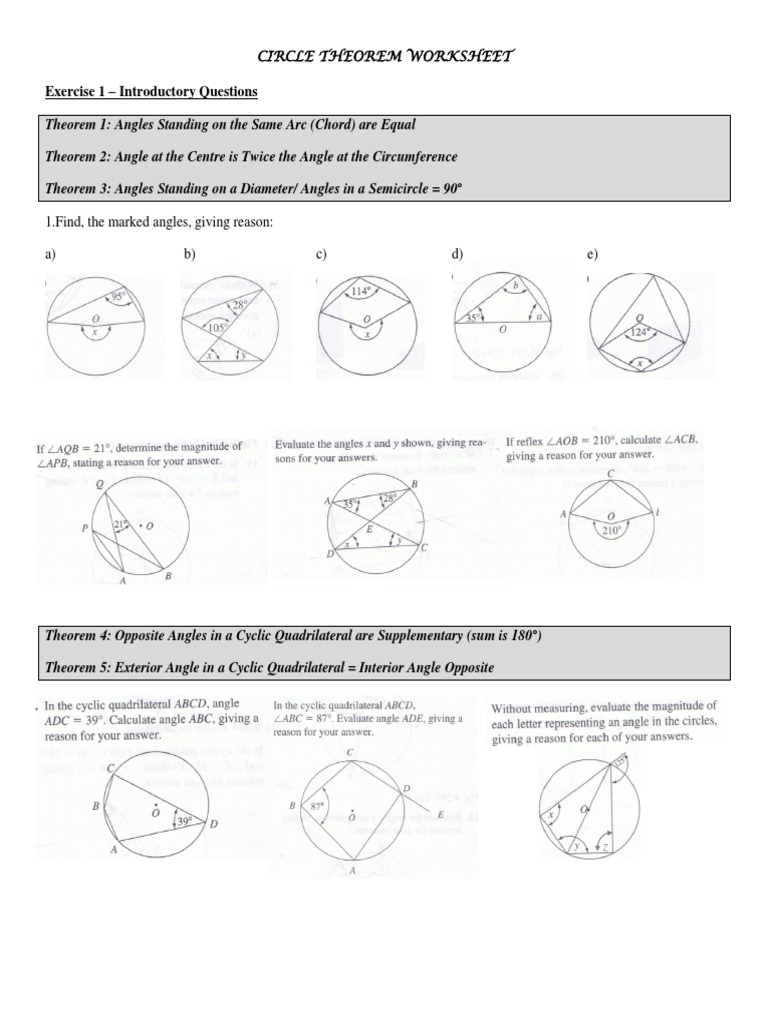 Exercise 1 - Introductory Questions: Circle Theorem Worksheet | PDF