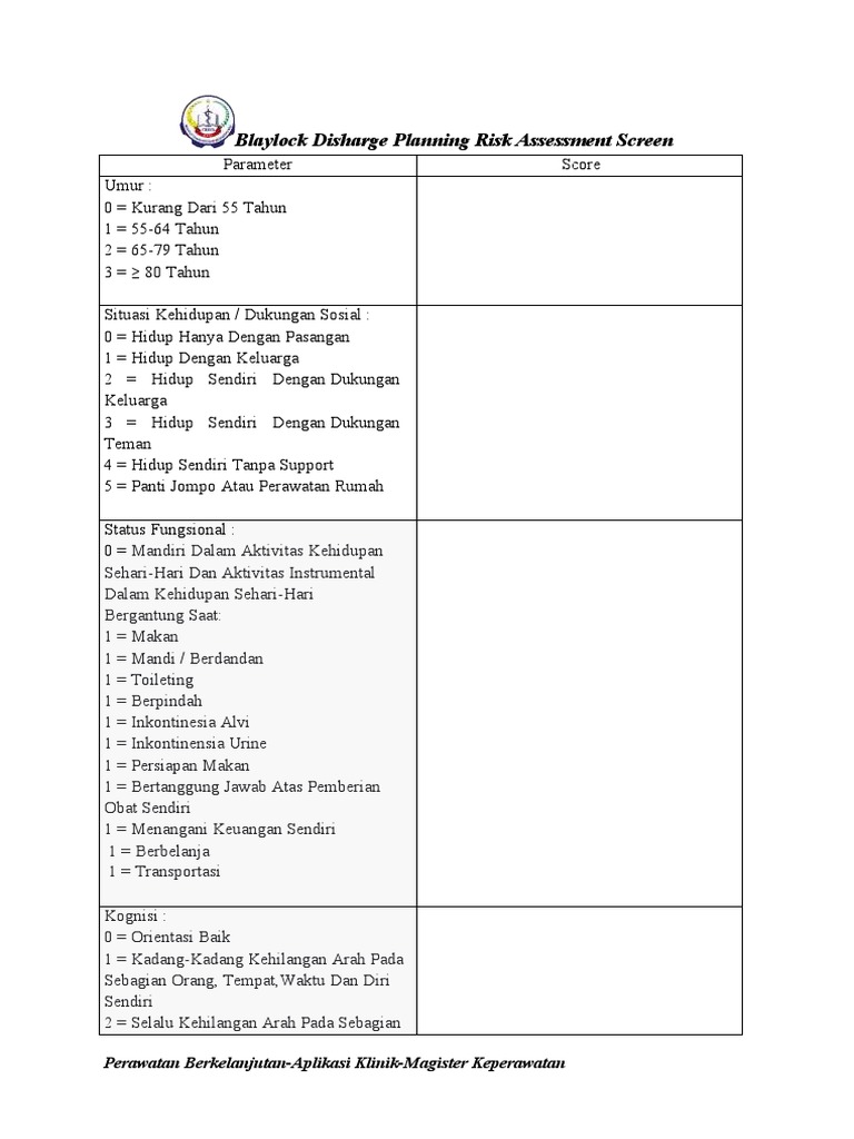 INSTRUMENT Blaylock Disharge Planning Risk Assessment Screen | PDF