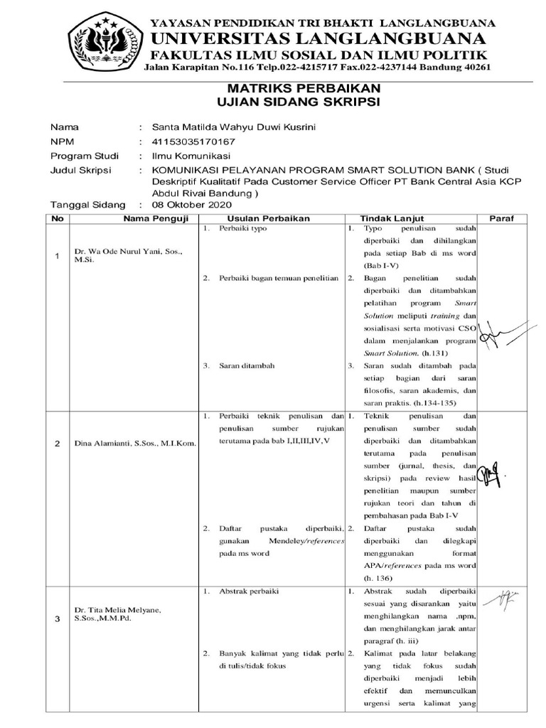 Lembar Matriks Perbaikan Skripsi Santa Matilda PDF | PDF