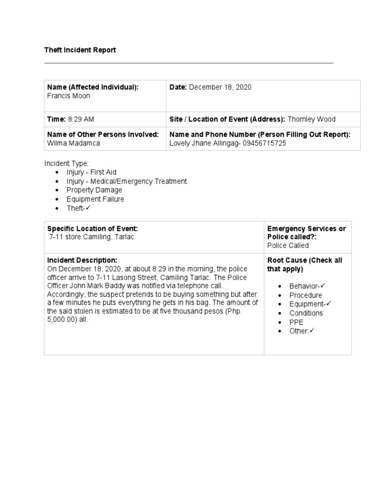 Theft Incident Report | PDF | Crime & Violence | Crime Thriller