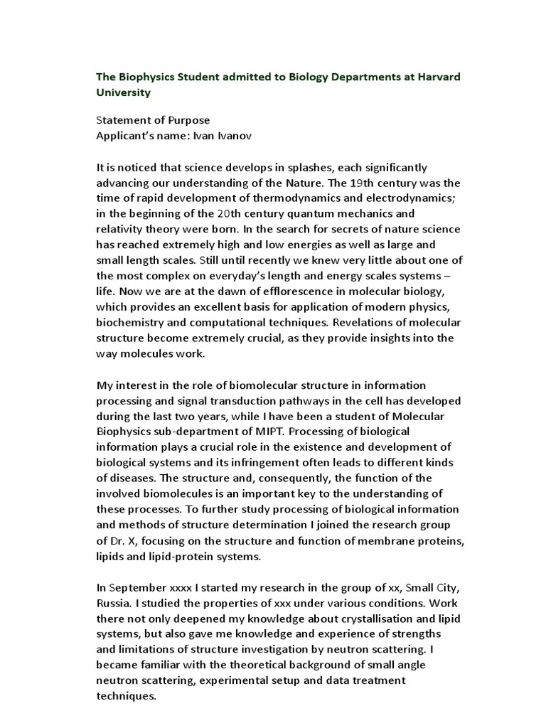 Statement of Purpose For Biology Graduates. | PDF | Biophysics | Biology