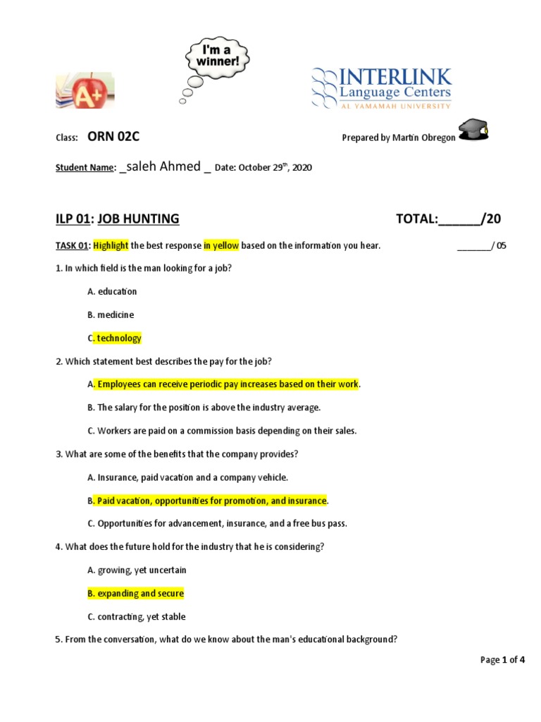 ILP 01 - Job Hunting - In-Class Quiz | PDF | Interview | Insurance