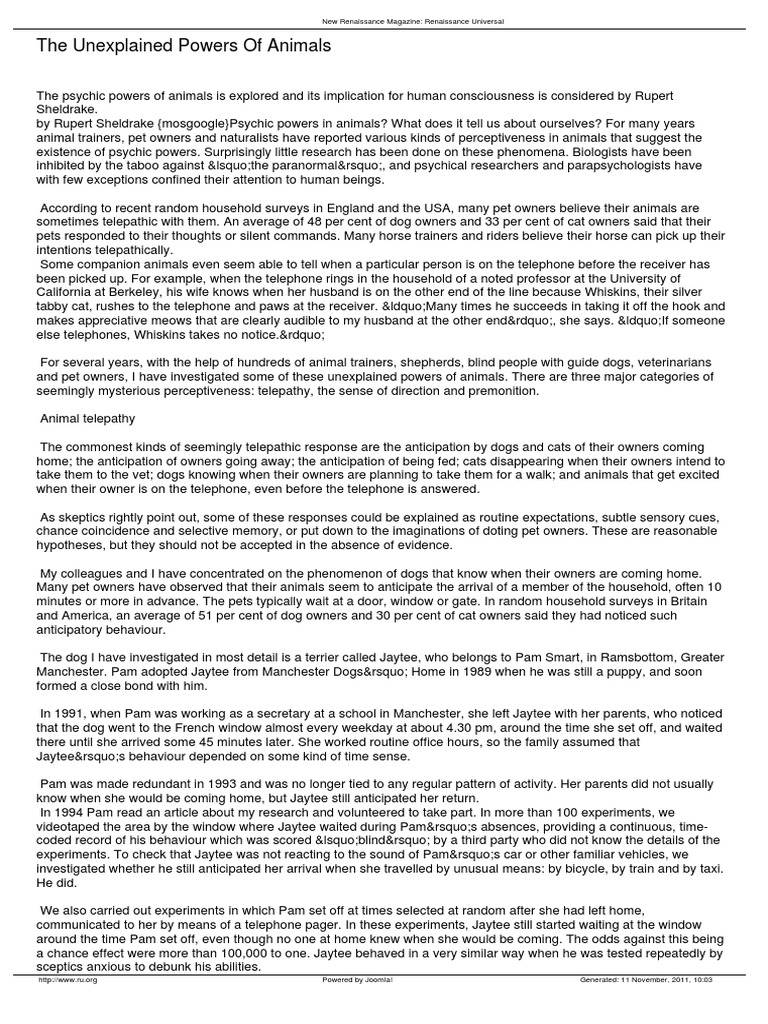 Unexplained Animal Powers | PDF | Rupert Sheldrake | Telepathy