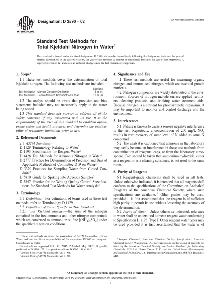 ASTM D 3590 - 02 - RDM1OTA - (Total Kjeldahl Nitrogen in Water) | PDF ...