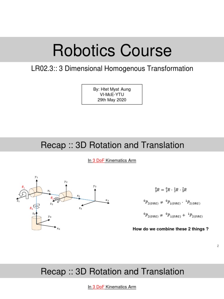 Robotics Course: LR02.3:: 3 Dimensional Homogenous Transformation | PDF ...