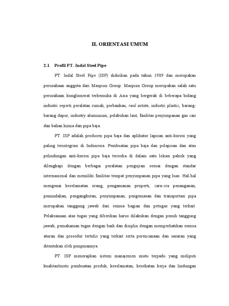 Ii. Orientasi Umum: 2.1 Profil PT. Indal Steel Pipe | PDF