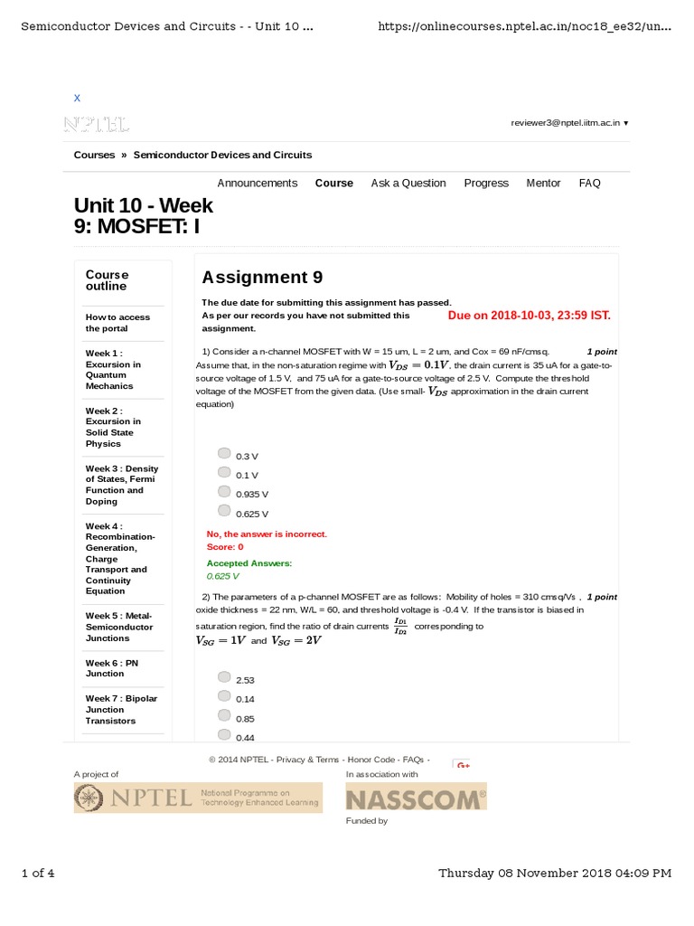 Unit 10 - Week 9: Mosfet: I: Assignment 9 | PDF | Mosfet | Field Effect Transistor