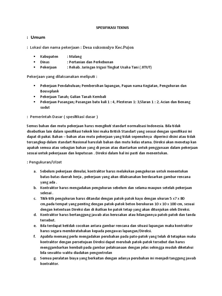 (Spesifikasi Teknis) Jaringan Irigasi Tersier | PDF