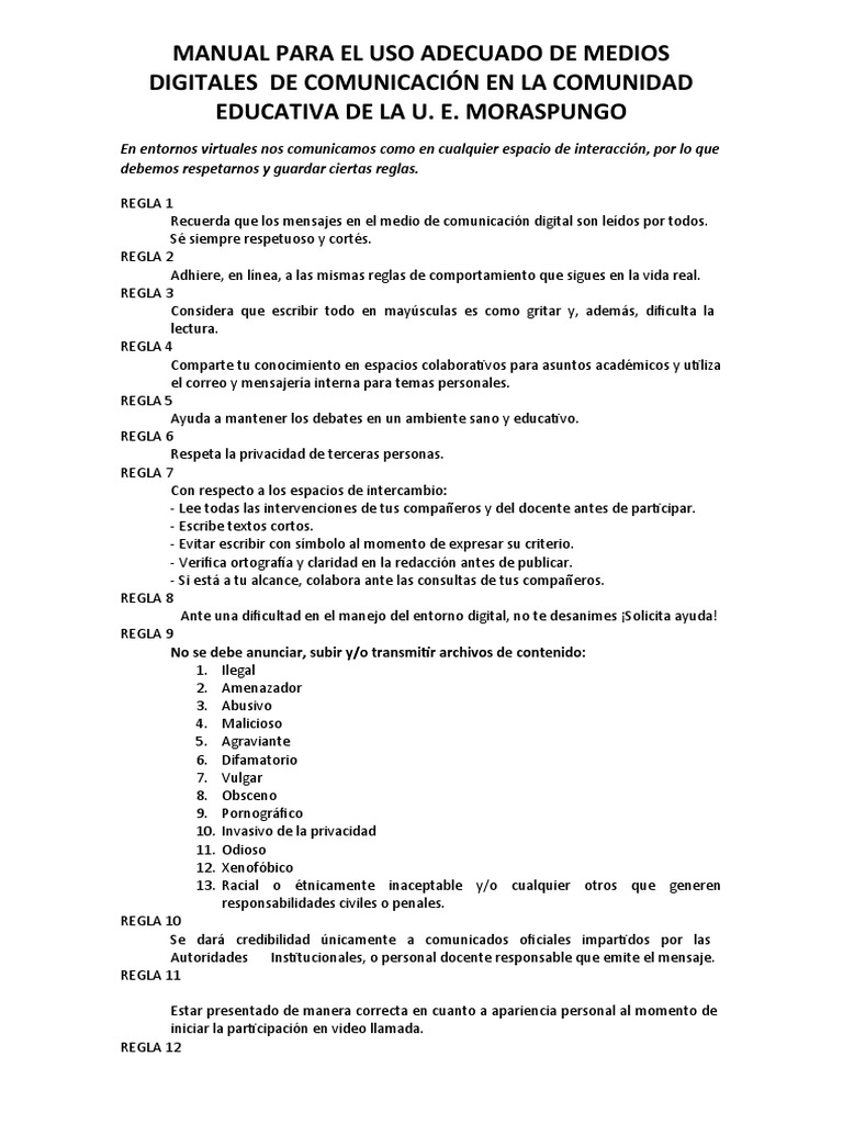 Reglas para Uso de Herramientas Digitales | PDF