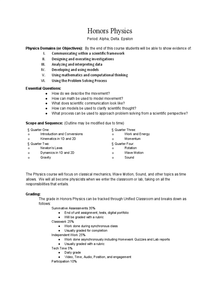 Honors Physics 2020-2021 Syllabus | PDF | Physics | Science