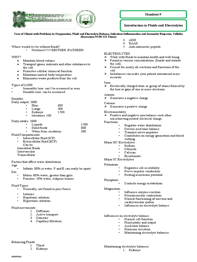 Handout 9 Introduction To Fluids and Electrolytes | PDF | Dehydration ...