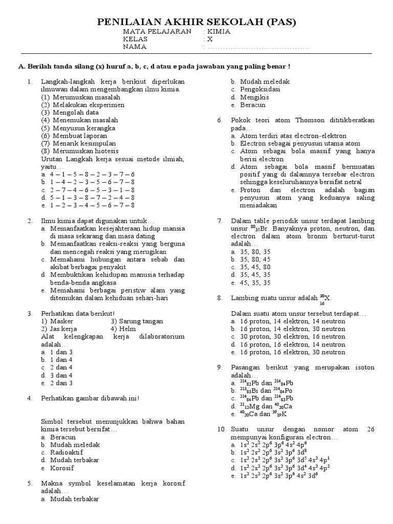 Soal Pas Kimia X 2020-2021 | PDF