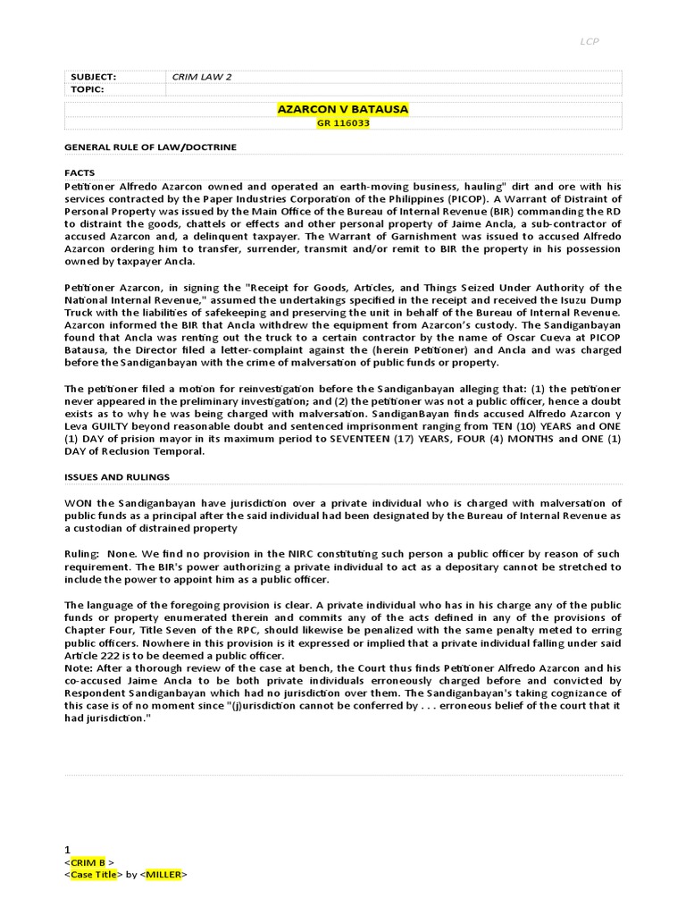 Azarcon V Batausa Case Digest | PDF | Public Law | Justice