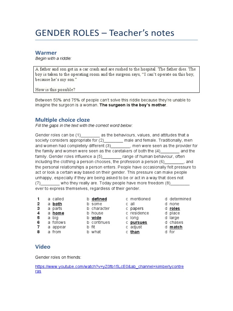 Gender Roles: Teacher's Guide | PDF | Gender Role | Interpersonal ...