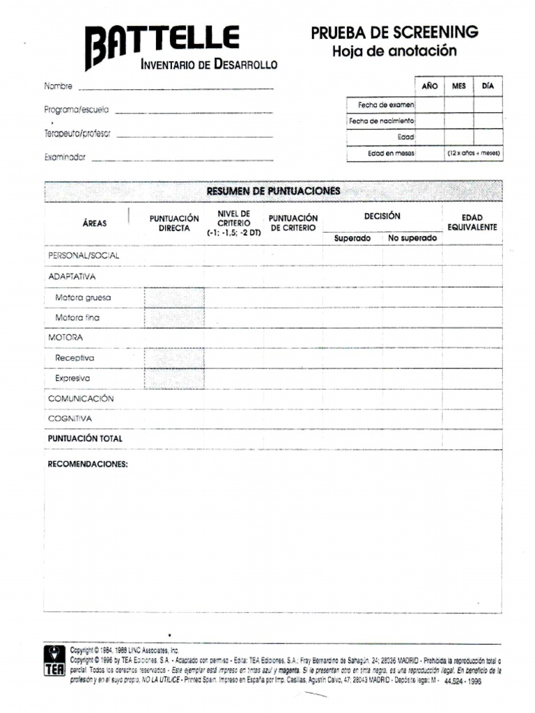 Battelle, Prueba de Screening, Hoja de Anotaciòn PDF | PDF
