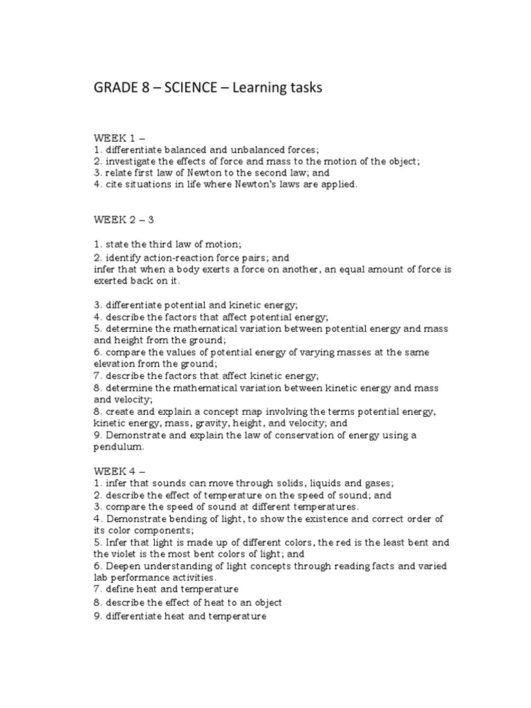 GRADE 8 - SCIENCE - Learning Tasks: Week 1 | PDF | Potential Energy | Force