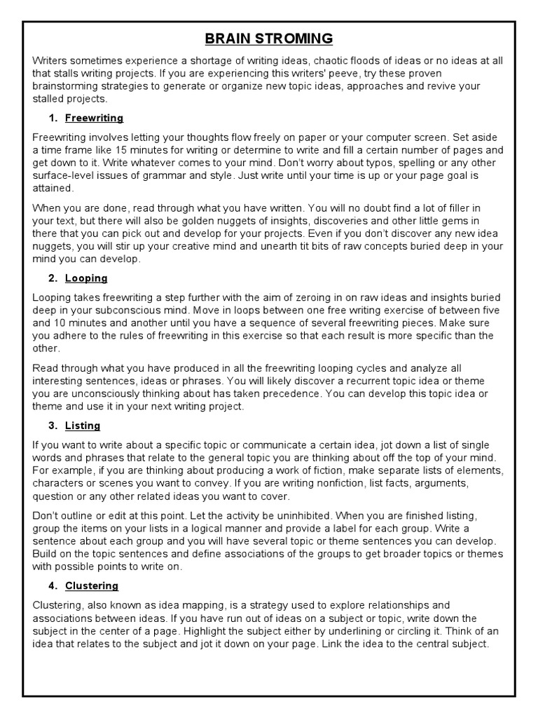 Brain Stroming: 1. Freewriting | PDF | Persuasion | Idea