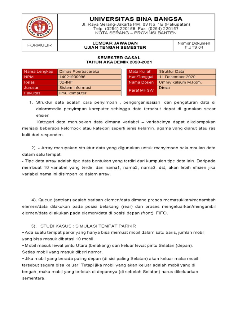 Form Lembar Jawaban UTS 20201 | PDF