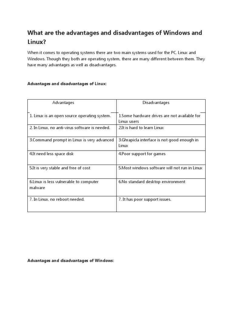 What Are The Advantages and Disadvantages of Windows and Linux? | PDF
