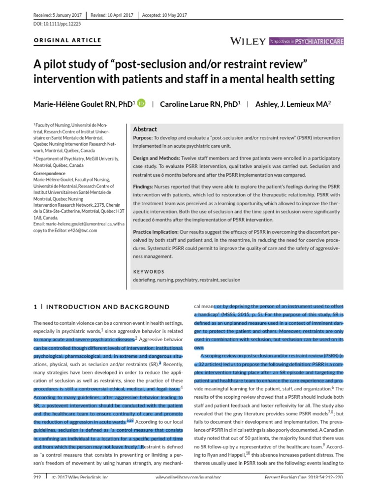 A Pilot Study of "Post Seclusion And:or Restraint Review" Intervention ...