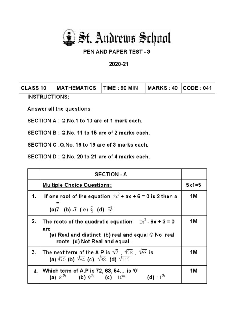 CL 10 - Math QP - PP3 | PDF | Circle | Quadratic Equation
