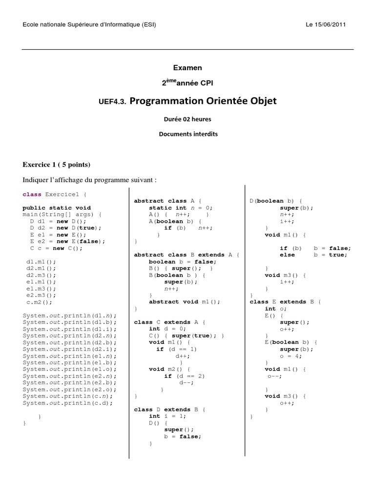 Examen Corrigé Programmation Orientée Objet | PDF | Classe (informatique) | Constructeur ...