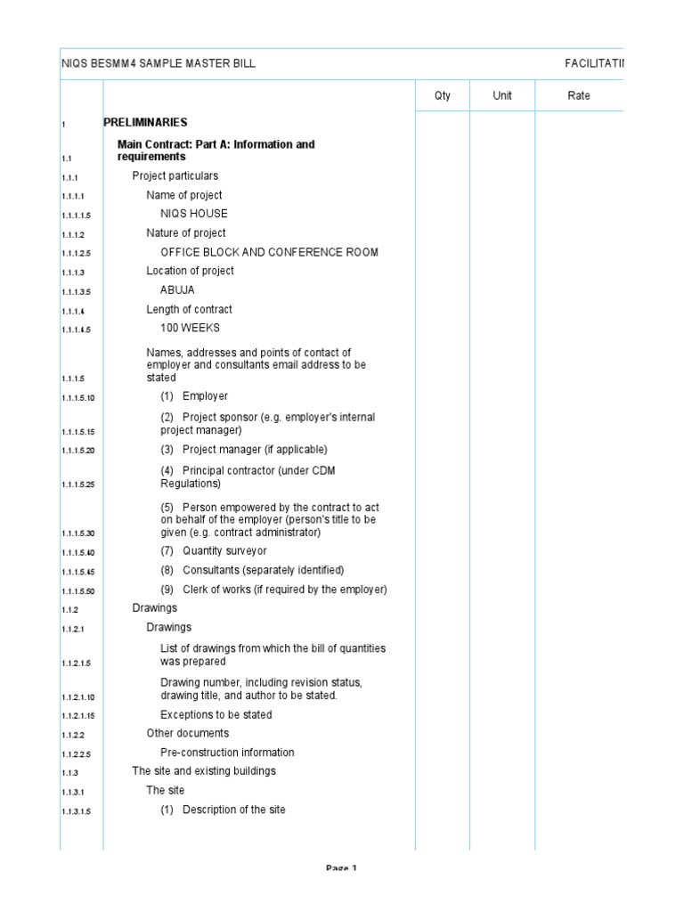 NIQS BESMM4 Sample Master Bill | PDF | Insurance | Scaffolding