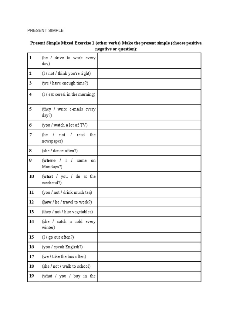 Present Simple Mixed Exercise 1 (Other Verbs) Make The Present Simple ...