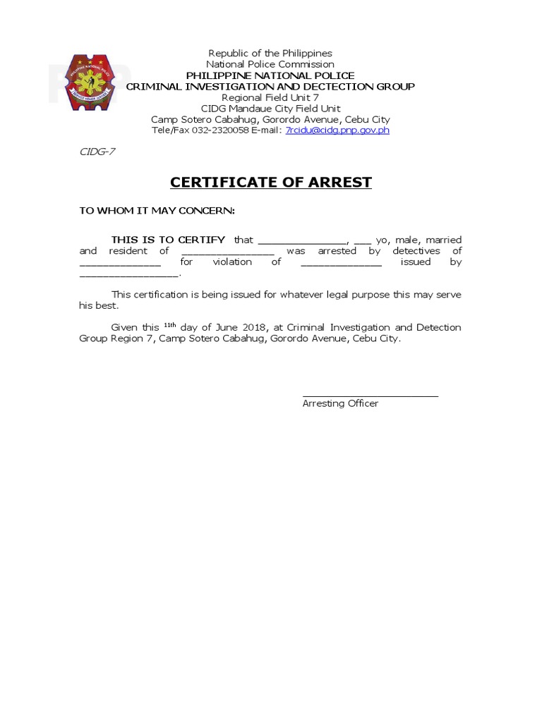 Certificate of Arrest SAMPLE | PDF