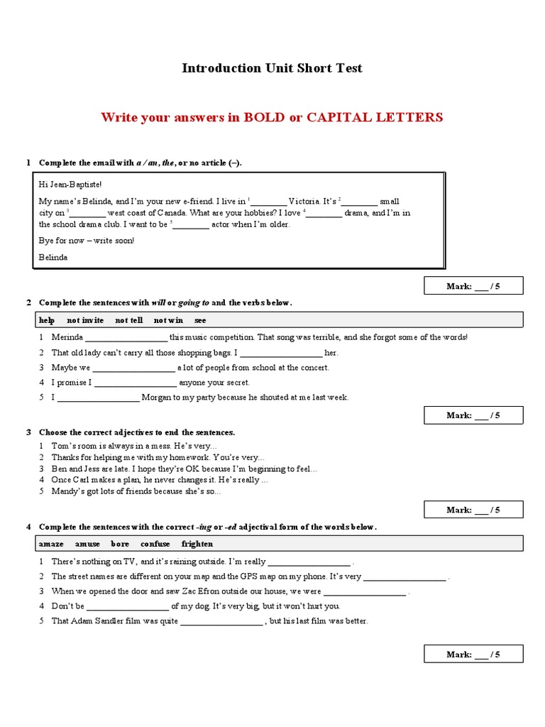 Write Your Answers in BOLD or CAPITAL LETTERS: Introduction Unit Short ...