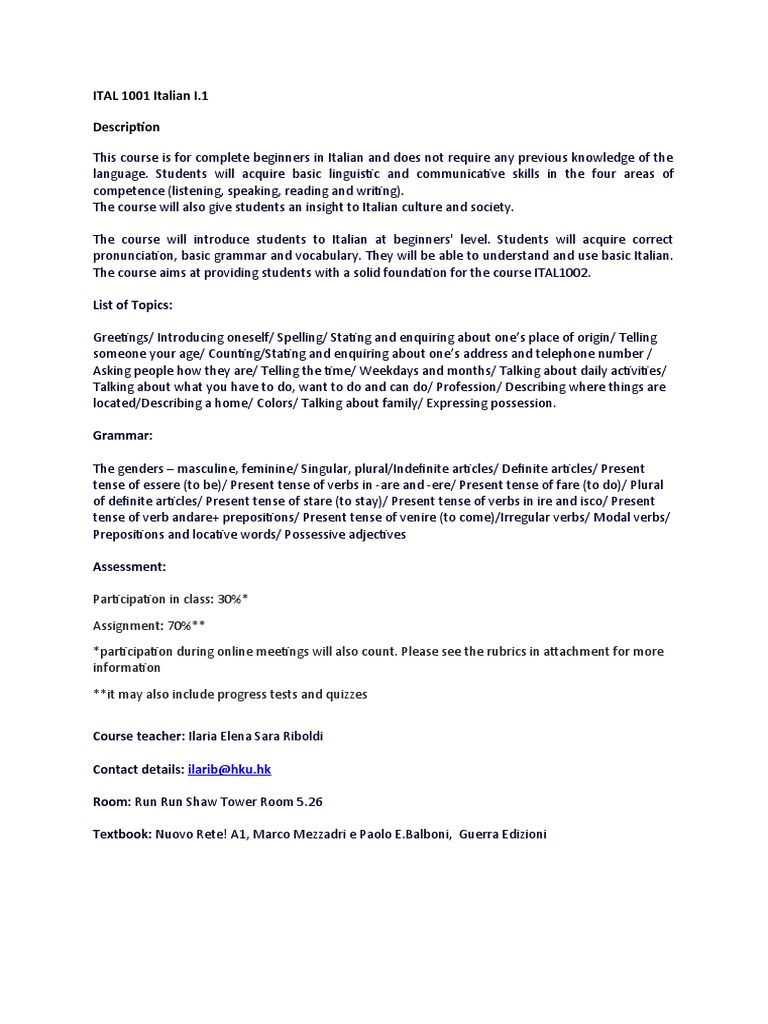 ITAL 1001 - Course Outline 2020 | PDF