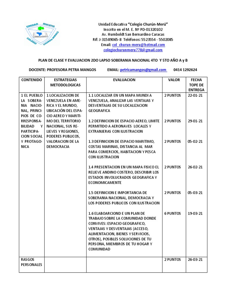 PLAN DE CLASE Y EVALUACION 2DO LAPSO SOBERANIA NACIONAL 4TO Y 5TO AÑO A y B | PDF | Naturaleza
