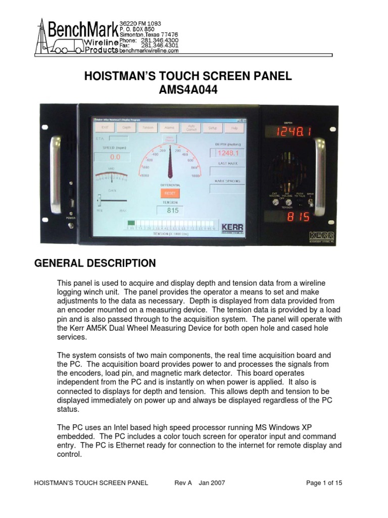 Hoistman'S Touch Screen Panel AMS4A044: General Description | PDF | Touchscreen | Personal Computers