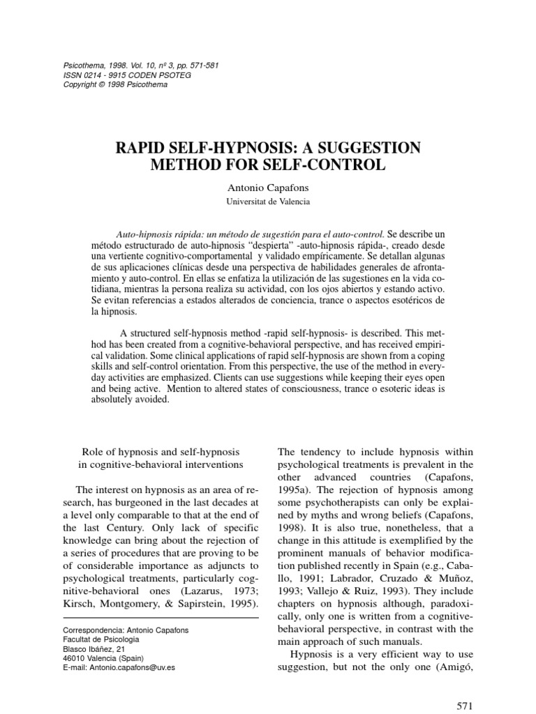 Rapid Self-Hypnosis: A Suggestion Method For Self-Control | PDF ...