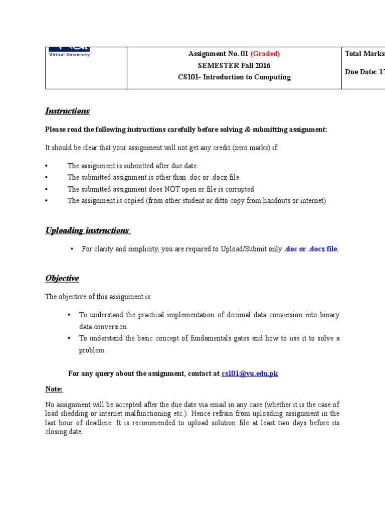 Instructions Assignment No 01 Semester Fall 2016 Cs101 Introduction To Computing Total Marks