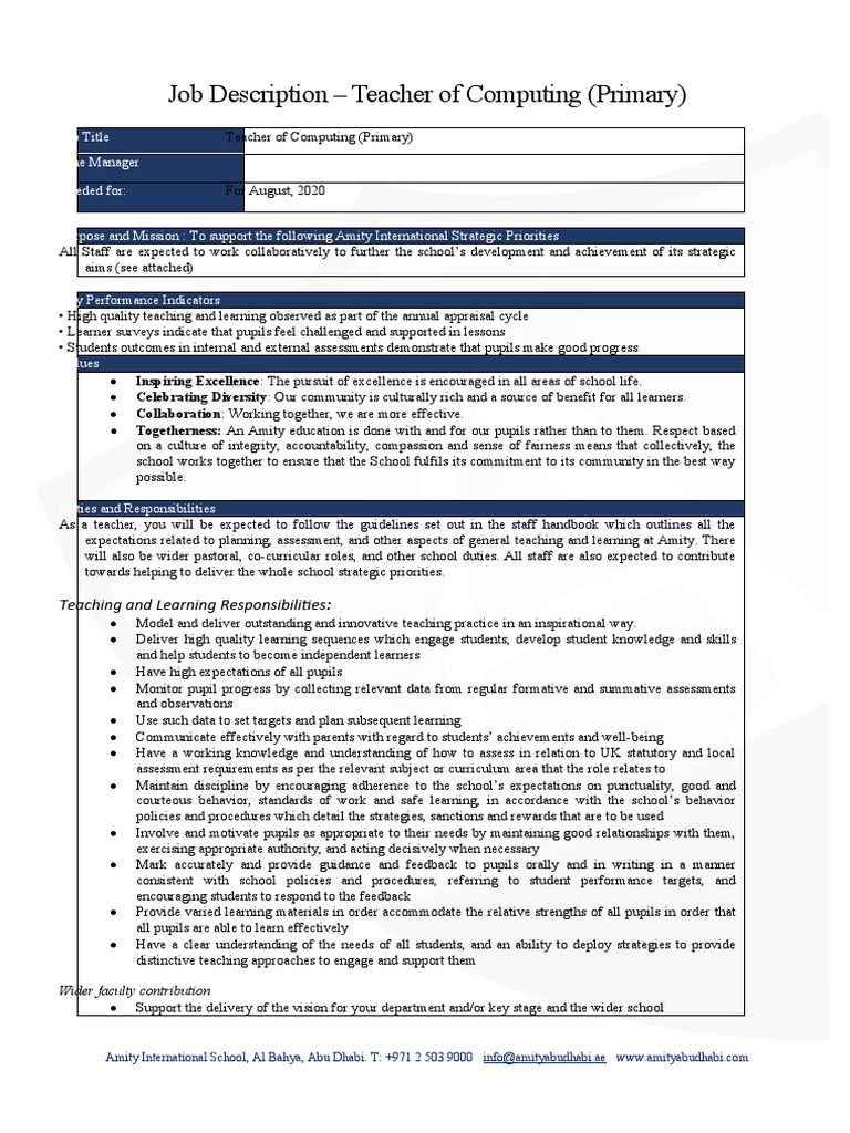 Teacher Job Description - Jan 2021 | PDF | Educational Assessment ...