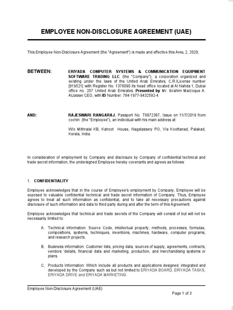 UAE Employee NDA V4.0 | PDF | Non Disclosure Agreement | Trade Secret