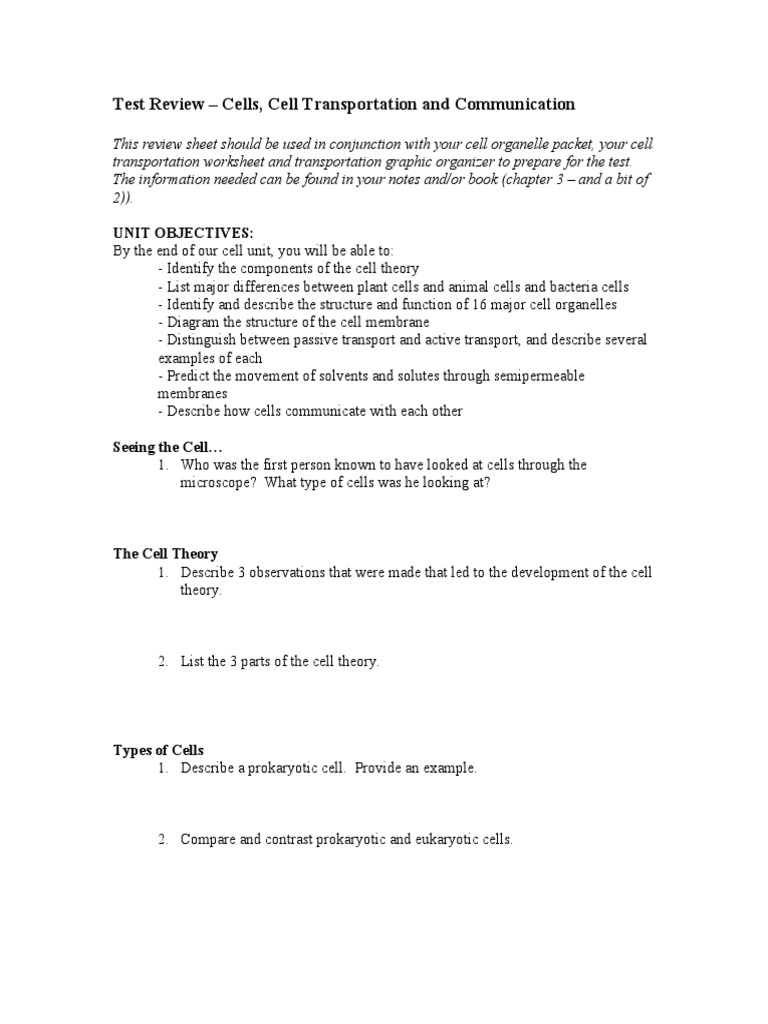 Test Review - Cells, Cell Transportation and Communication: Unit ...