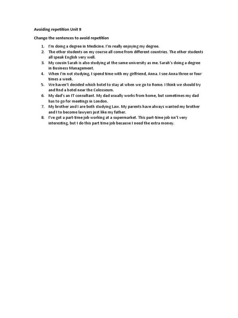 Avoiding Repetition Unit 9 | PDF