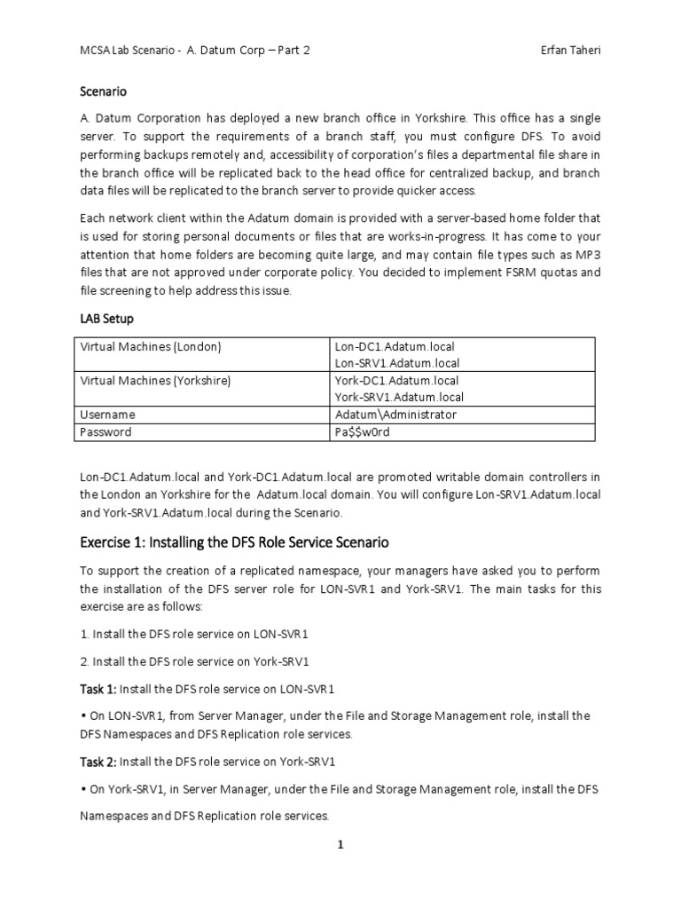 Exercise 1: Installing The DFS Role Service Scenario: MCSA Lab Scenario ...