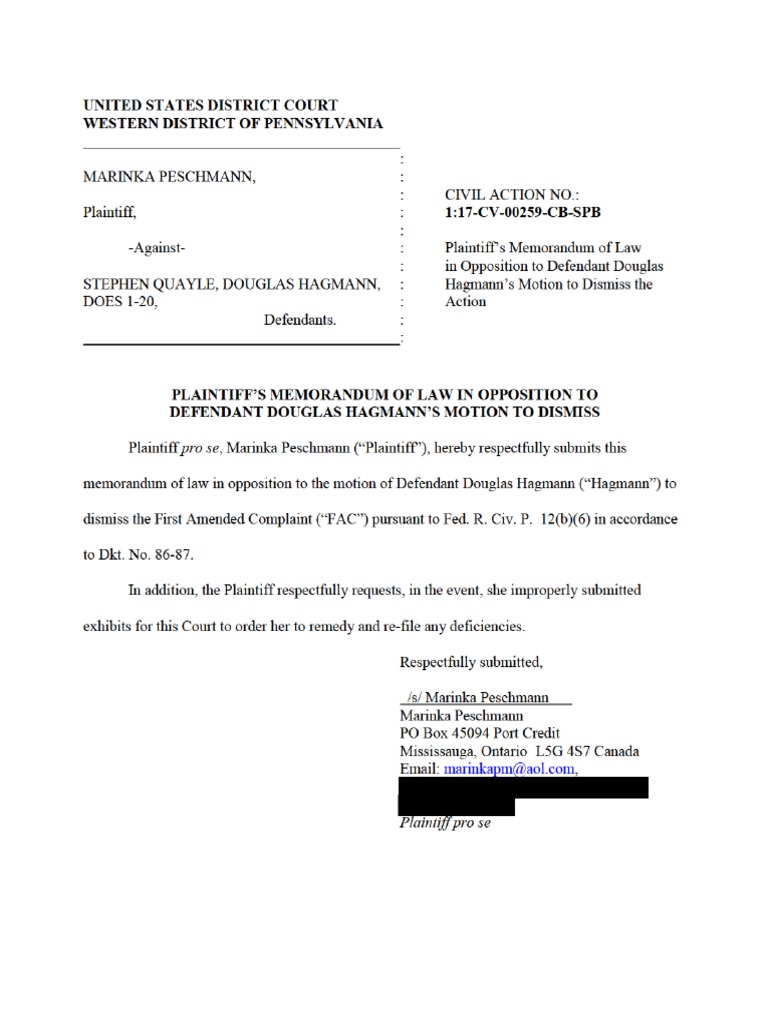 Marinka Peschmann's 2nd Opposition To Hagmann 2nd Motion To Dismiss 1 ...